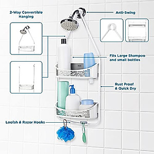 BLACK+DECKER 2-Way Convertible Hanging Anti-Swing Shower Caddy, 2 Way Adjustable Arm, Over The Door, Loofah & Razor Hooks, Storage & Organization, Large and Small Bottles and More, White
