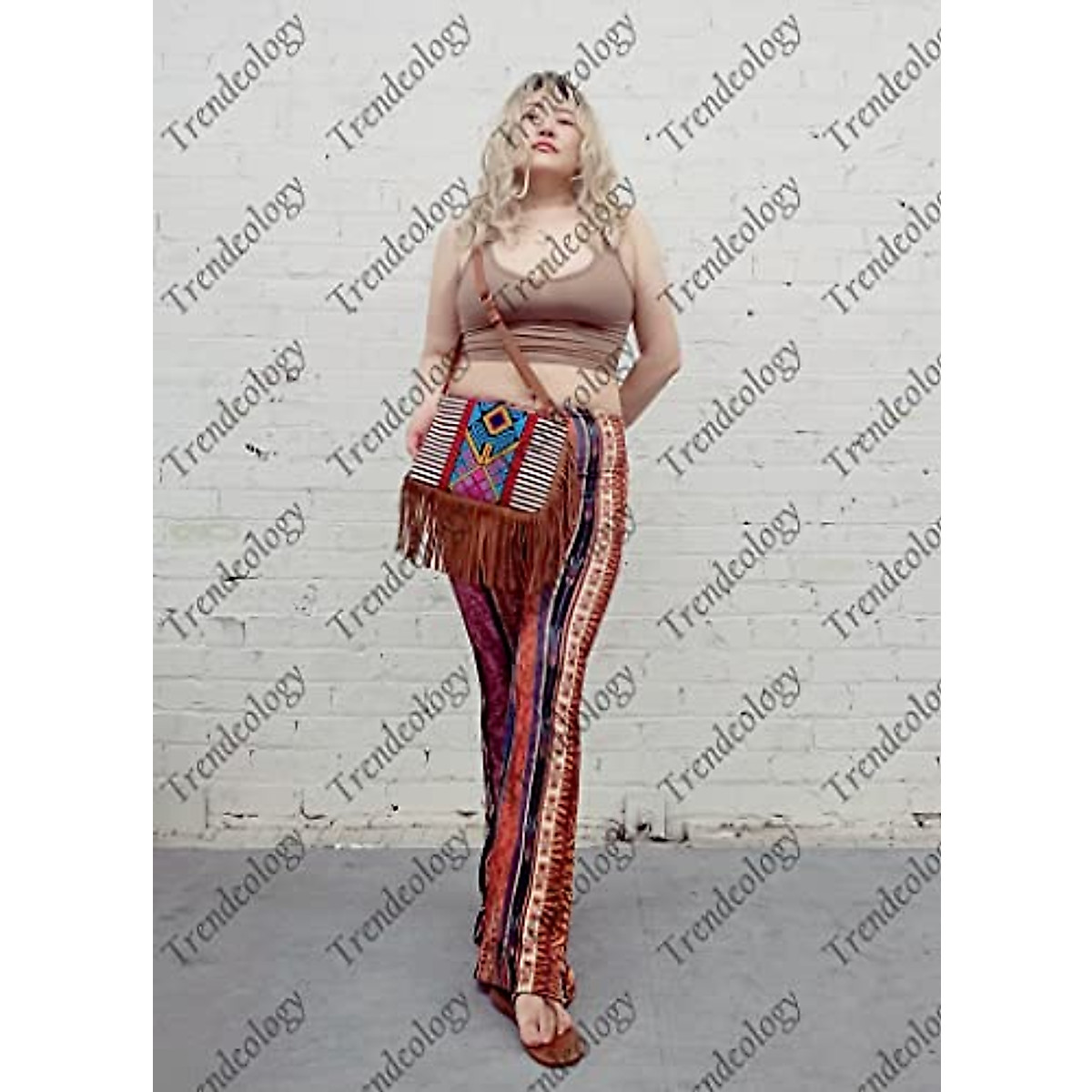 Boho Fringed Tassel Aztec Tribal Print Canvas Satchel Crossbody Bag Wristlet Purse (Leather Fringed Wristlet Cross Body - Brown)