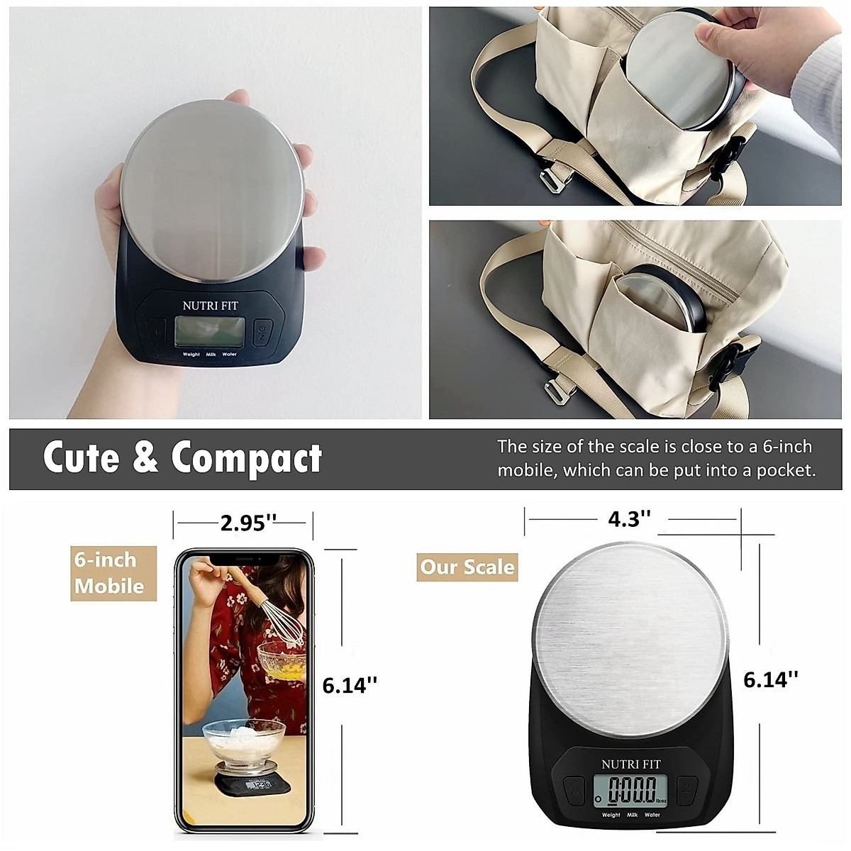 NUTRI FIT Digital Food Scale Small Kitchen Scales Weight in Grams and OZ for Cooking Baking Weight Loss, Stainless Steel Tare & Backlit LCD Display, Black