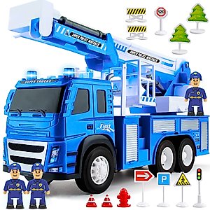 Police Fire Truck Toy - 1:12 Scale Push and Go Realistic Vehicle Playset, 3 Law Enforcement Fire Trucks Action Figure, Extendable Ladder, Accessories w/Lights Sounds for Kids 3 4 5 6 7 8 Year Old