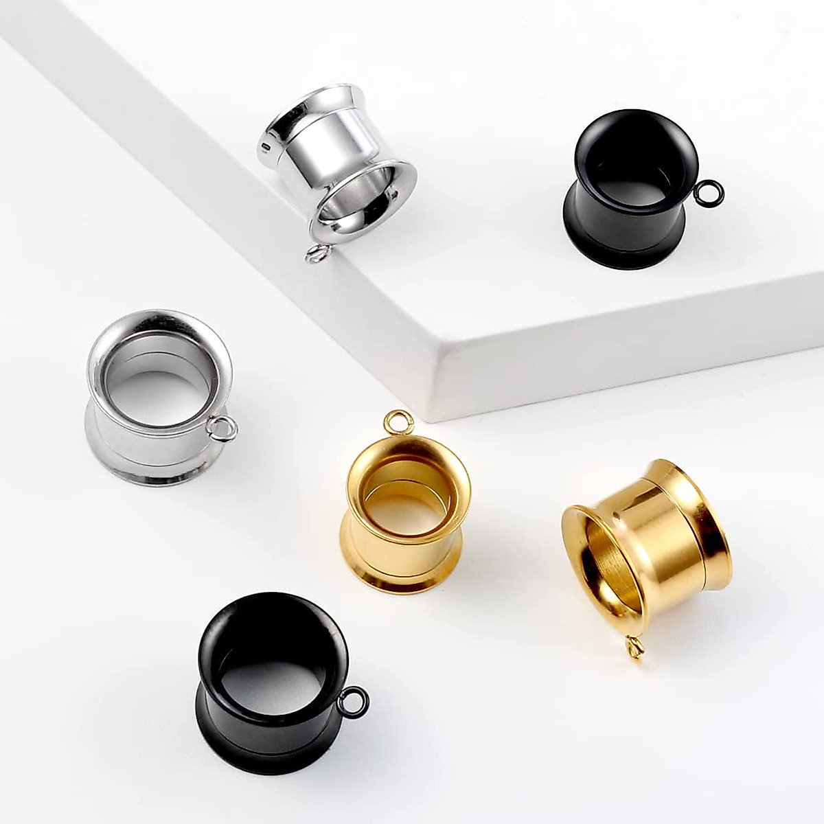 Casvort 6 PCS 8mm (0g) Hypoallergenic 316 Stainless Steel Hot Silver Gold Black Ear Piercing Tunnels for Dangles DIY Ear Gauges Wedding Women Body Jewelry