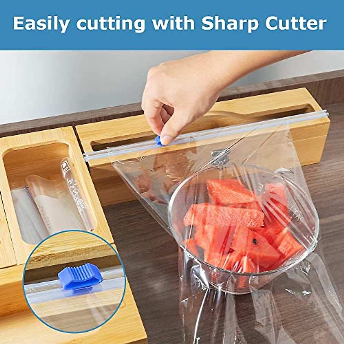 OFFSIR Ziplock Bag Storage Organizer and Plastic Wrap Dispenser, 5 Separate Food Bags Organizer for Kitchen Drawer, Bamboo Bag Holder with Cutter for Gallon, Quart, Sandwich, Snack, Wax, Foil