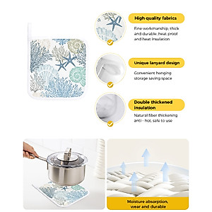 Blue Teal Coral Pot Holders for Kitchen Heat Insulation, Summer Beach Starfish Coastal Modern Geometric Potholders Hot Pads with Hanging Loop, Washable Oven Mitts Pot Holder Trivet for Cooking 2 Pack