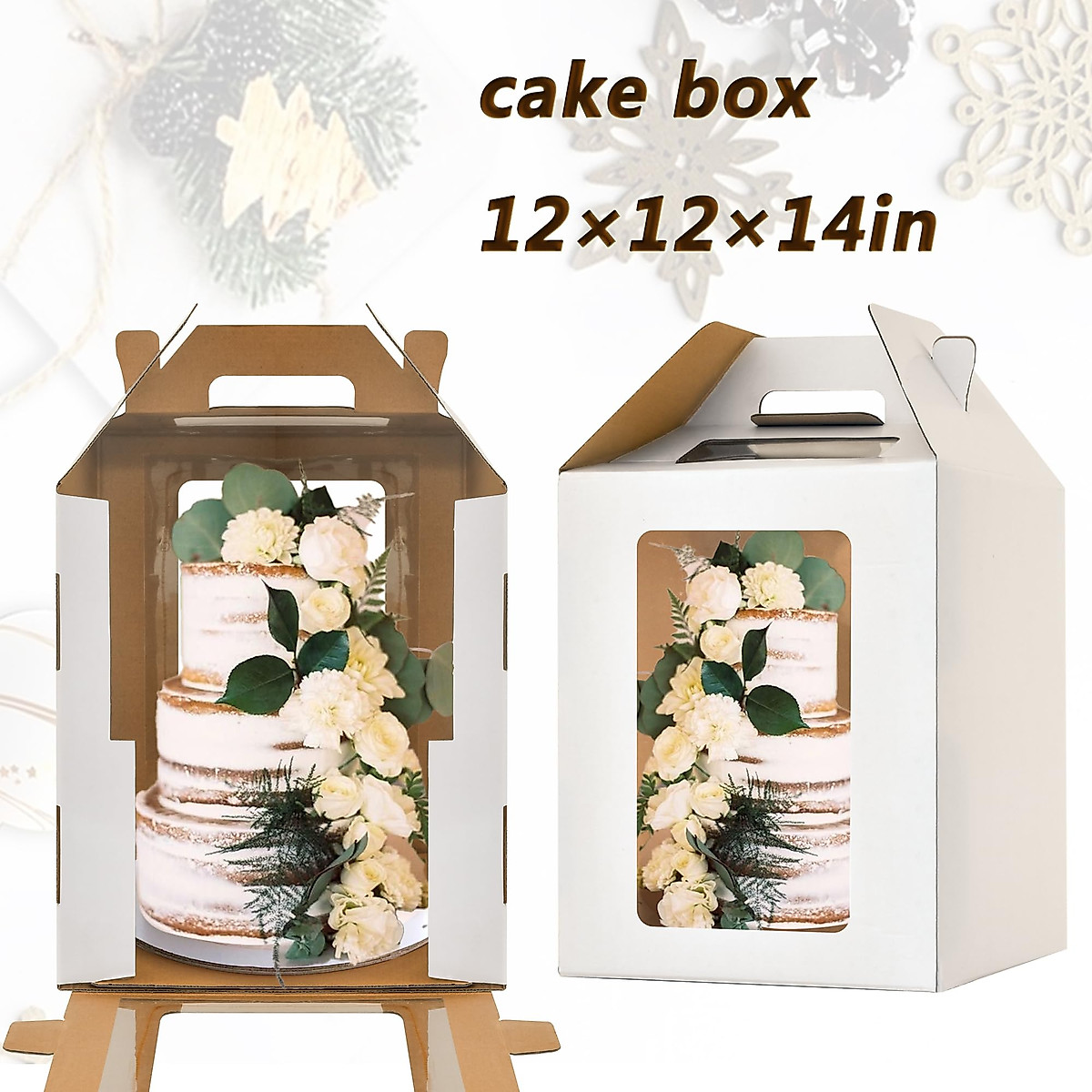 Hzzycaxli 12x12x14 Inch Tall Cake Boxes with windows,10in 12in Tall Cake Carrier, Large Tiered Cake Box,Durable White Bakery Box, Layer Cake Box, large cake box(2pack)