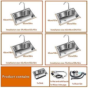 Single Bowl Prep Kitchen Sink, 24x17in, 25x17in, 26x18in, 29x18in Drop-in Stainless Steel Sink for Garage Restaurant Bar, with Drain and Faucet (Color : Hot and Cold Water Faucet, Size : 24x17in)