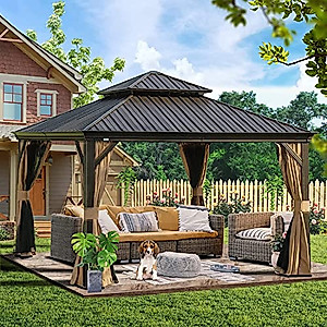PHI VILLA 10' X 12' Outdoor Hardtop Gazebo on Clearance, Double Roof Gazebo with Curtains and Netting, Permanent Pavilion Gazebo with Aluminum Frame for Patios, Gardens, Lawns(Brown)