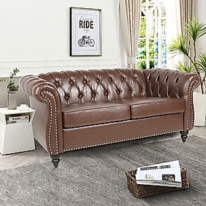 FOKWE Chesterfield Loveseat Leather, Modern Upholstered Tufted Couch 2 Seater with Rolled Arms and Nailhead for Living Room, Bedroom (Dark Brown)