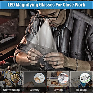 Delixike 200% Magnifying Glasses with Light,LED Lighted Magnification Eyeglasses, Bright Sight Hands Free Magnifier for Close Work, Jewelry,Craft, Reading, Hobby