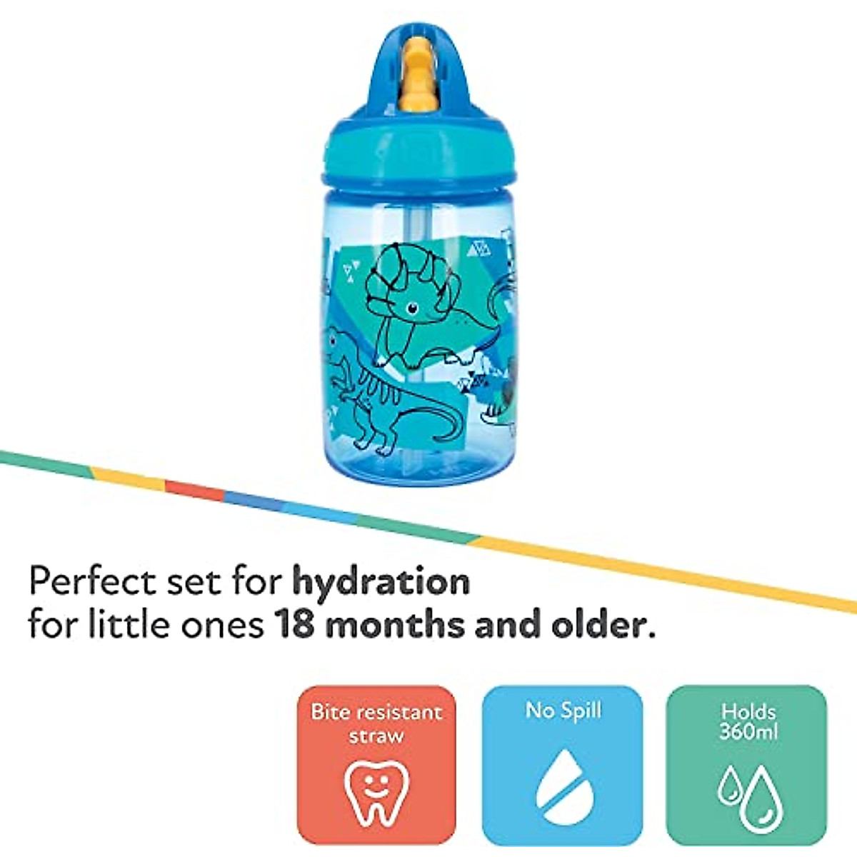 Nuby Flip-it Kids On-The-Go Printed Water Bottle with Bite Proof Hard Straw - 12oz / 360 ml, 18+ Months, 1 Pack of 1 Piece, Prints May Vary