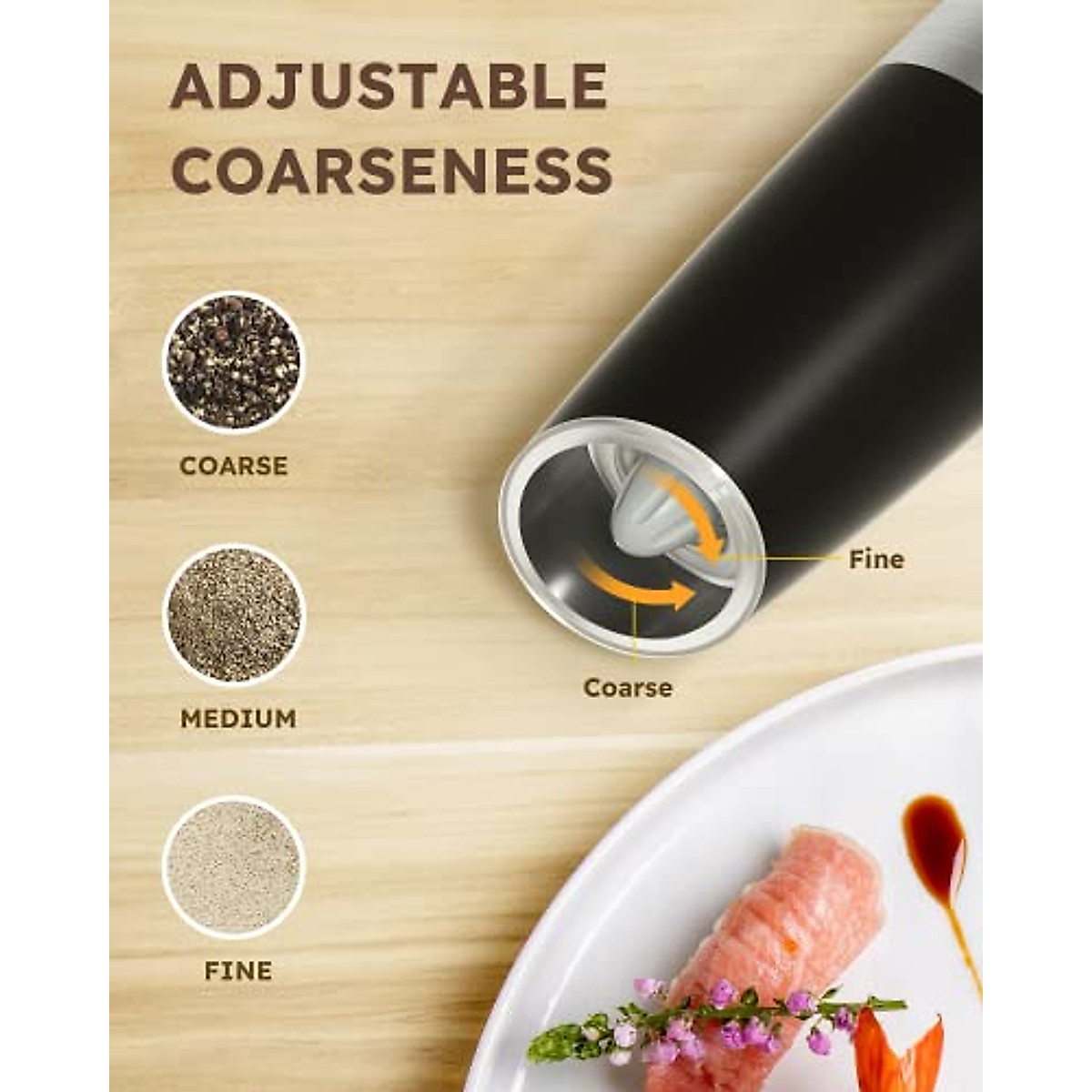 Gravity Electric Pepper and Salt Grinder Set, Sangcon Automatic Pepper and Salt Mill Grinder Battery Powered with LED Light, Adjustable Coarseness, One Hand Operation, Upgraded Larger Capacity, 2 Pack