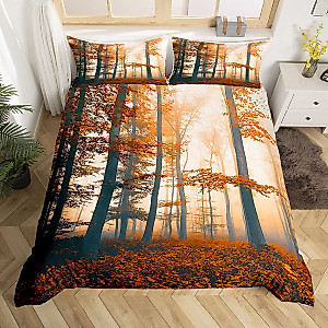 Erosebridal Tree Lush Bedding Set Dense Birch Trees with Red Leaves Duvet Cover Jungle Nature Botanical Print Comforter Cover, Mystical Under Heavy Fog Tall Trees Bed Set, Orange Brown Queen Size