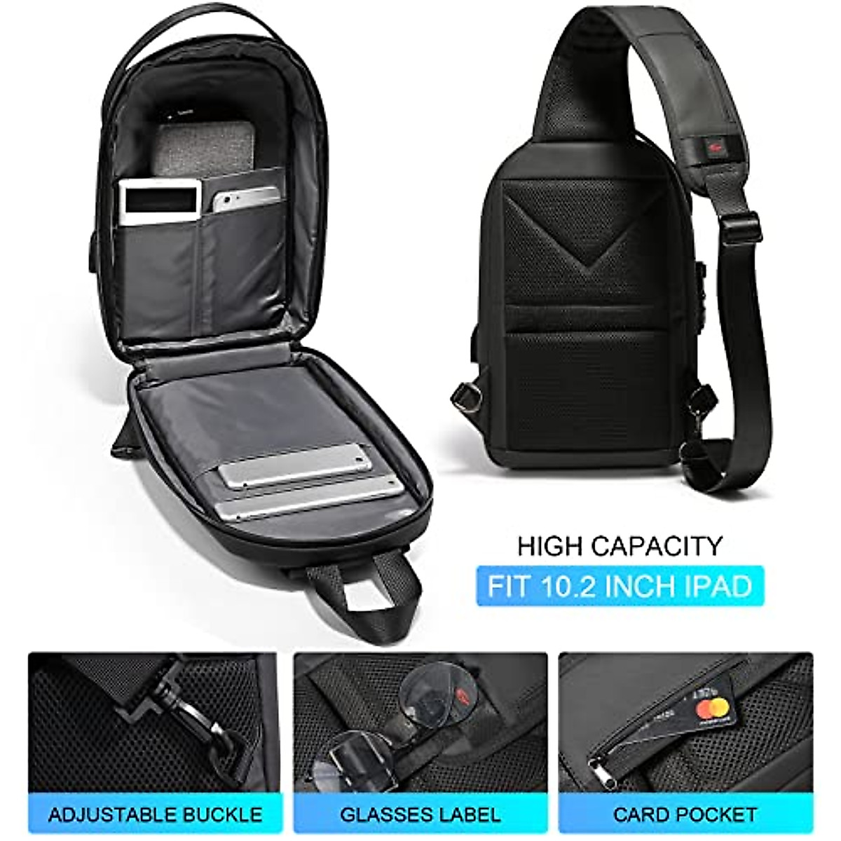 Fenruien Hard Shell Waist Pack for Men&Women with USB, Shoulder Pack Anti-Theft LockWaterproof 10.2 inch Single Strap for Travel Hiking Daily