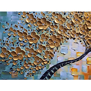 Tyed Art-24x48 Inch Golden Flower Paintings 3D Abstract Paintings Oil Hand Painting On Canvas Wood Inside Framed Ready to Hang Wall Decoration for Living Room Bed Room