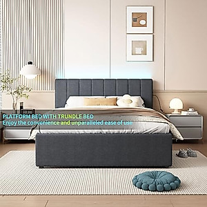 YOPTO Full Size Upholstered Platform Bed with Twin Size Trundle & USB Port,Linen Tufted Bed Frame W/Remote Control LED Light & Stripe Headboard,Wood Slats Support for Bedroom,Apartment,Dark Gray