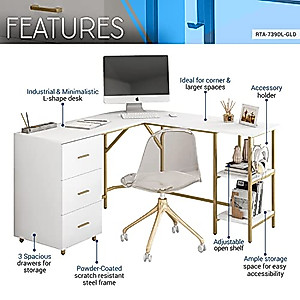 Techni Mobili L Shaped Desk - Two-Toned Computer Desk with Drawers & Storage Shelves - Simple Modern Furniture & Home Office Space Corner Table for Work & Writing