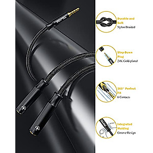 SOLMIMI Headphone Splitter 3.5mm TRRS Stereo Audio Y Splitter Braided 4-Pole Male to 2-Female Dual Headphone Jack Splitter Adapter for Headset PC Smartphone Xbox PS4 & More - Matte Black(1ft-30cm)