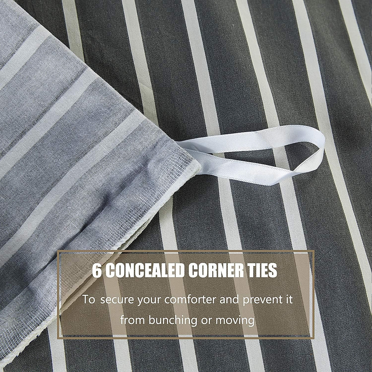 JELLYMONI 100% Natural Cotton 3pcs Striped Duvet Cover Sets, Dark Grey Duvet Cover with White Stripes Pattern Printed Comforter Cover, with Zipper Closure & Corner Ties(King Size)