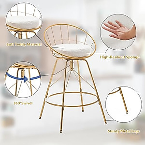 Aklaus 26" Sherpa Boucle Bar Stools Set of 2 Swivel Counter Height Bar Stools with Round Seat,Gold Bar Stools with Backs,Modern Teddy White Barstools,Kitchen Island Dining Bar Stools Chairs