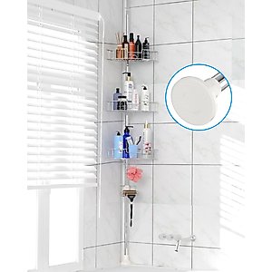Tension Shower Caddy , Stainless Steel Corner Shower Caddy Stand Storage Organizer with Rustproof Tension Pole for Bathroom Bathtub Shampoo Soap Plants, 4 Tier Adjustable Shelves, 54 to 125 Inch