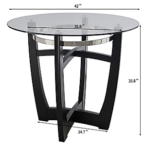 PADMA HOUSE Glass Counter Height Bar Table Stools Set of 4, 42" Round Glasstop Counter Height Table Chairs Set 26" H Barstools Chairs with Upholstered Back for Bar Kitchen Restaurant, Black