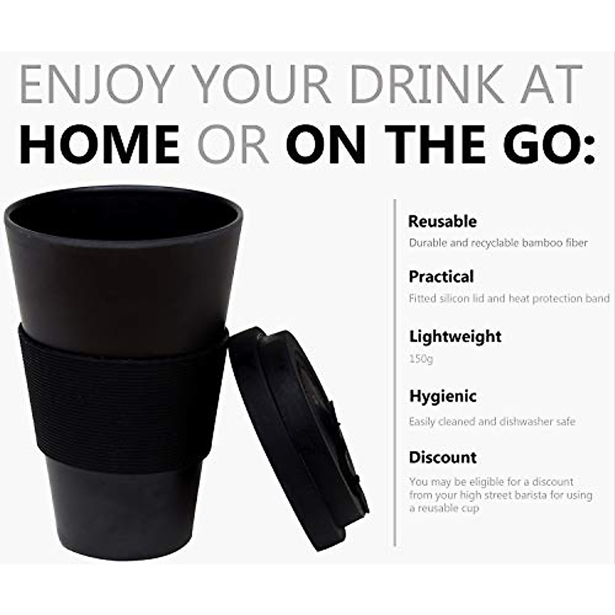 Reusable Coffee Cup Travel Mug Eco-Friendly Bamboo Fibre Silicon Natural 15oz (Black)