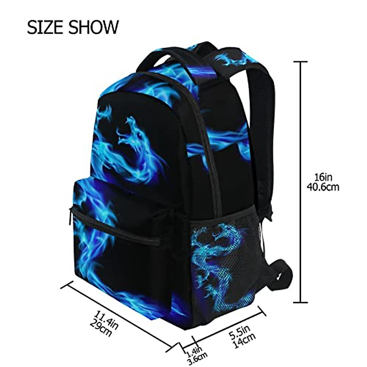 Blue Fire Dragon School Backpack for Boys Girls, Elementary School Bookbag Travel Bag Laptop Daypack with Name Tag