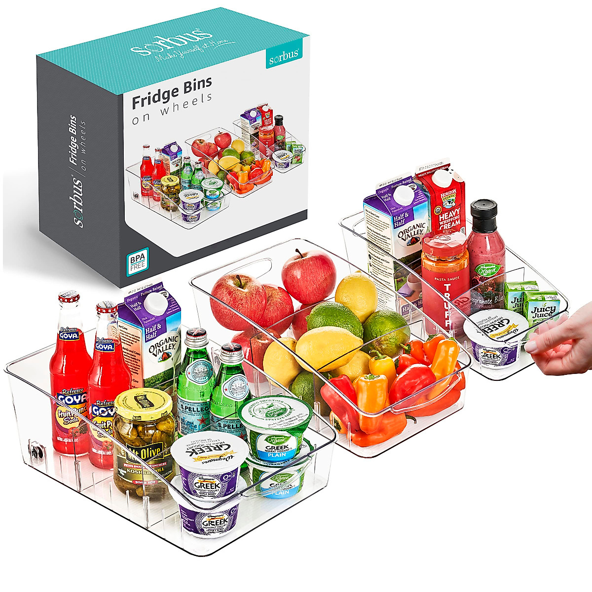 Sorbus Clear Fridge Organizer Bins & Curved Clear Rolling Bins Set - 6 Set with Egg Holder, Can Dispenser, and Varying Sizes - Curved 3 Piece Clear Storage Design with Handles, Dividers, and Wheels