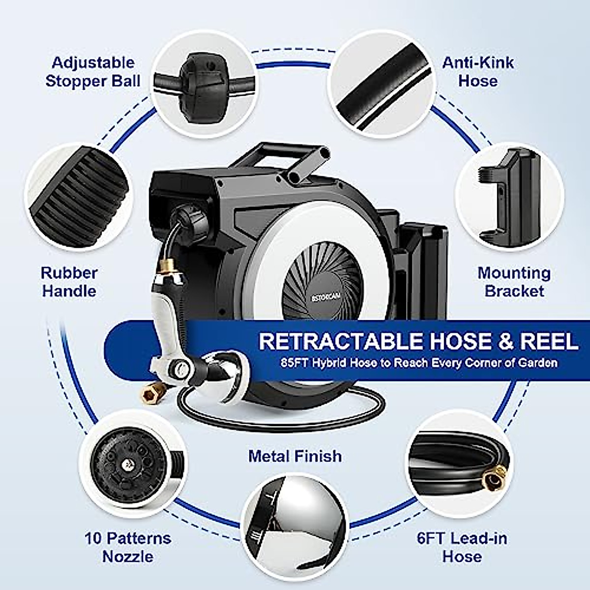Retractable Garden Hose Reel by BSTOKCAM, 1/2" x 90 FT Hybrid Rubber Hose, Heavy Duty Water Hose Reels Automatic Rewind Storage, 10 Patterns Nozzle Included