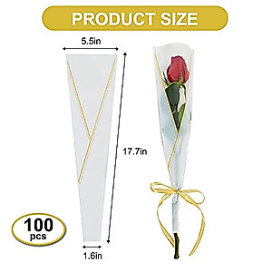 BEISHIDA 100 PCS Single Rose Sleeve Single Flower Wrapping Bags Single Rose Packaging Cellophane Flower Sleeves for Florist Bouquet Supplies Mother's Day Valentine's Day (White and Gold Edge)