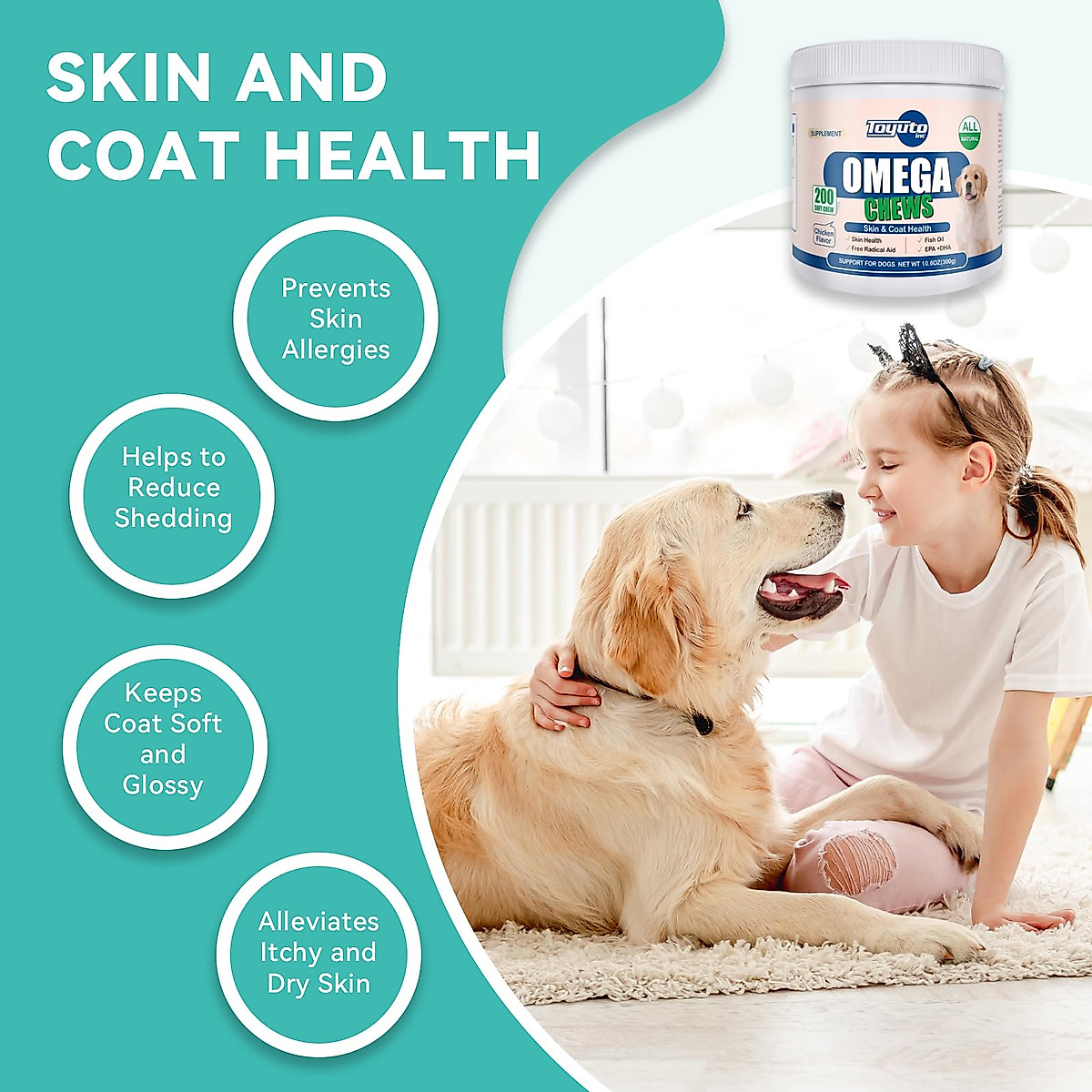 Omega-3 Multivitamin Skin and Coat Supplement for Dogs Omega 3 Fish Oil Supplement, Supports Shedding, Skin & Coat, Immunity, EPA,DHA- 300g(200 Chews)