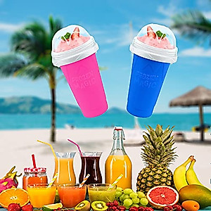 2 Pack Slushy Maker Cup, Frozen Magic Squeeze Cup, Magic Quick Frozen Smoothies Cup, Portable Double Layer Slushy Maker Cup, Slushie Machine with Straw and Spoon(Blue and Pink)