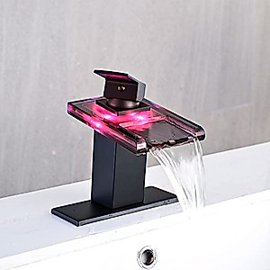AVSIILE LED Bathroom Sink Faucet, Matte Black Waterfall Single Hole Handle RV Bath Vanity Faucets for Sinks 1 Hole with Metal Pop Up Drain and 2 Water Supply Lines, Open Glass Spout