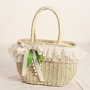 GK-O Mori Girls Handmade Straw Bag Handbag Basket Woven Bag Sweet Knit Lolita Lace Bag Summer Rattan bag (White)