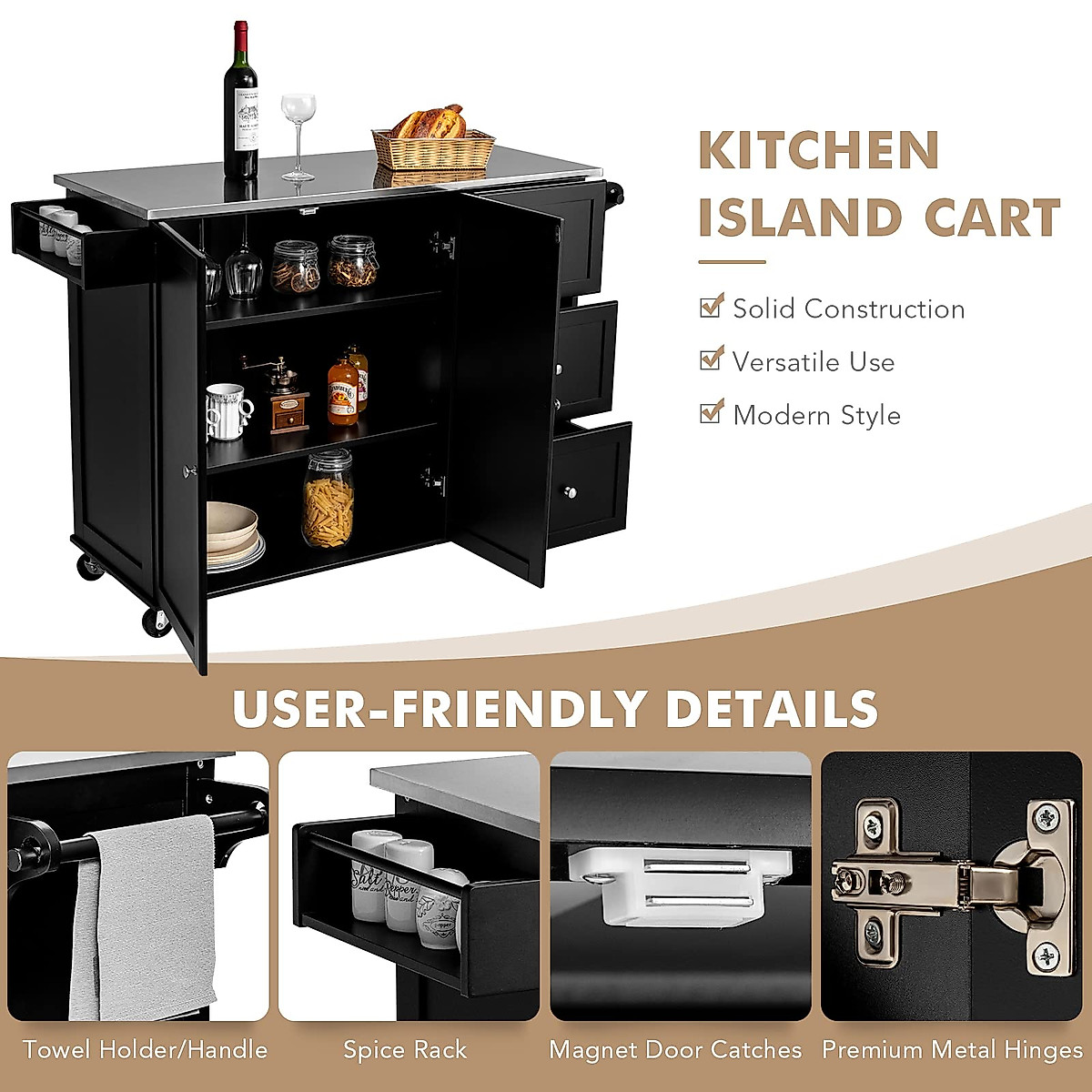 GORELAX Kitchen Island on Wheels with Stainless Steel Top, Rolling Kitchen Cart with Storage Drawers & Cabinet, Lockable Butcher Block Island w/Towel & Spice Rack for Dining Room (Black)