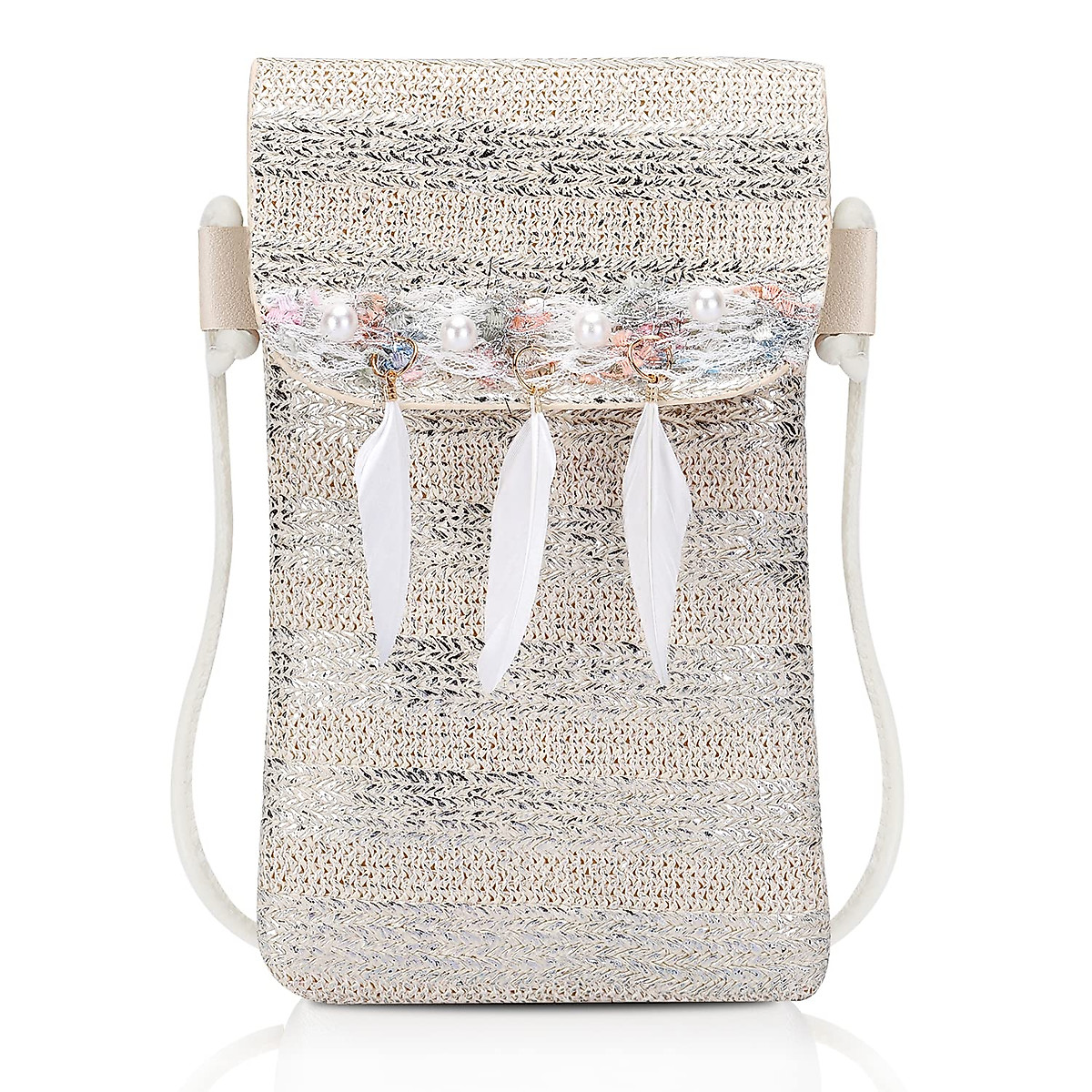 Soleebee Boho One Shoulder Crossbody Phone Bag Small Shoulder Bag Mini Wallet for Women Storage Bag Woven Leather Trim Phone Bag Compatible with Multiple Phone Sizes, Feather