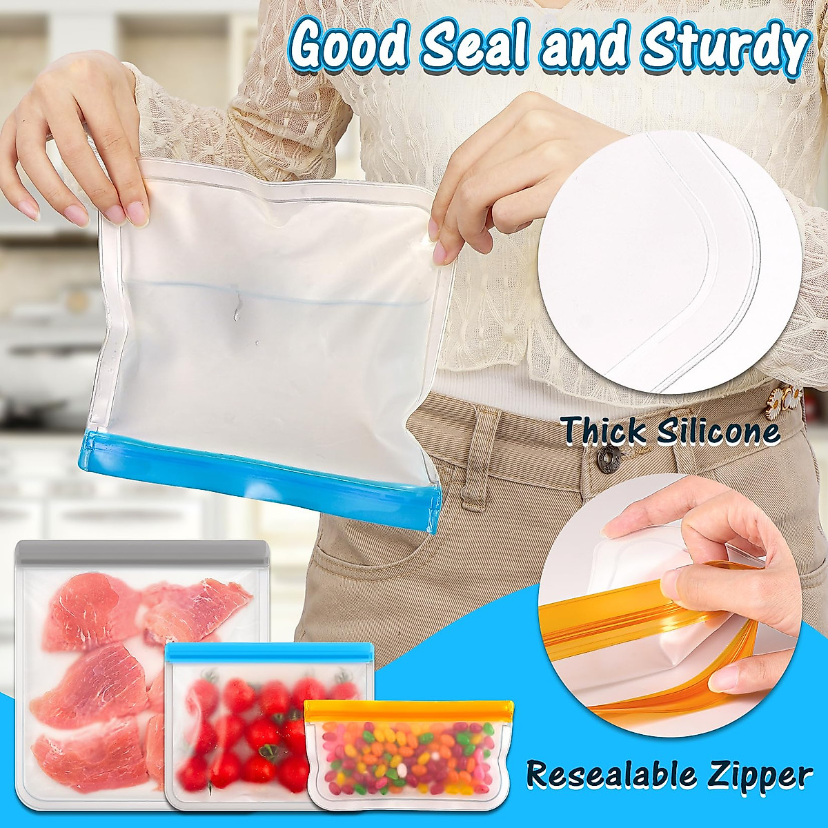 FUNFERY Reusable Gallon Freezer Bags Zipper,6 Pack Gallon Reusable Food Storage Bags,BPA Free Silicone Bags for Meat,Leakproof Reusable Plastic Storage Bags for Lunch Food Travel Home Organization