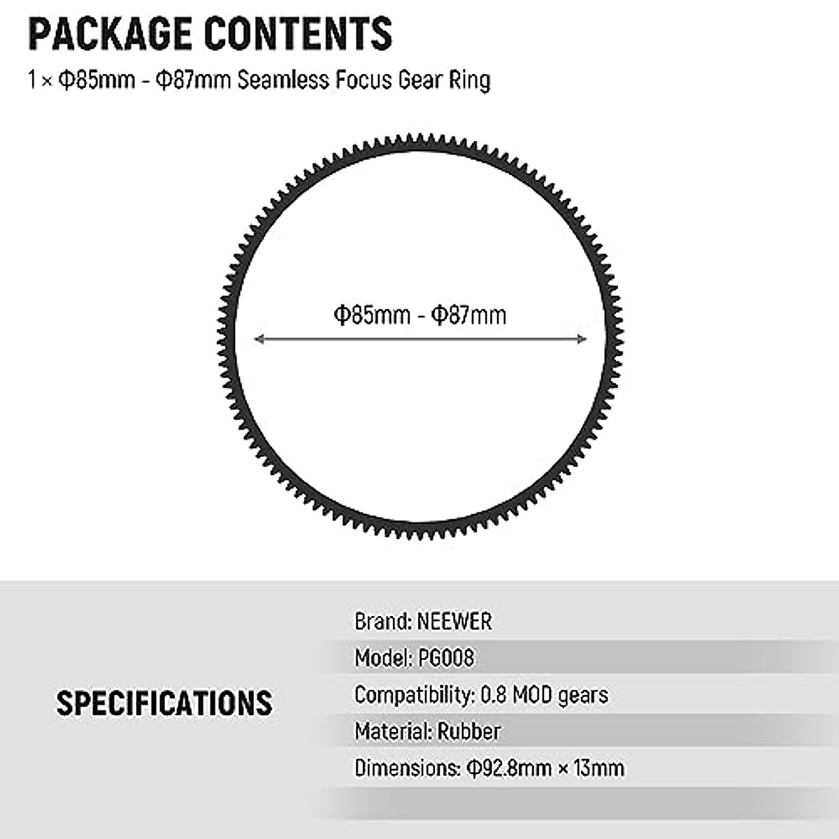 NEEWER PG008 Seamless Follow Focus Gear Ring 0.8 MOD for ø85-87mm Lens, Compatible with SmallRig Compatible with Tilta NEEWER Follow Focus for Canon Sony Nikon Fujifilm Panasonic Sigma Lens