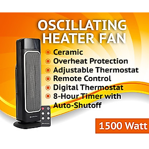 Oscillating Space Heater – Ceramic Forced Fan Heating with Stay Cool Housing - Tower with Remote Control, Digital Thermostat, Timer, Large Temperature Display and Efficient ECO Mode - by Bovado USA