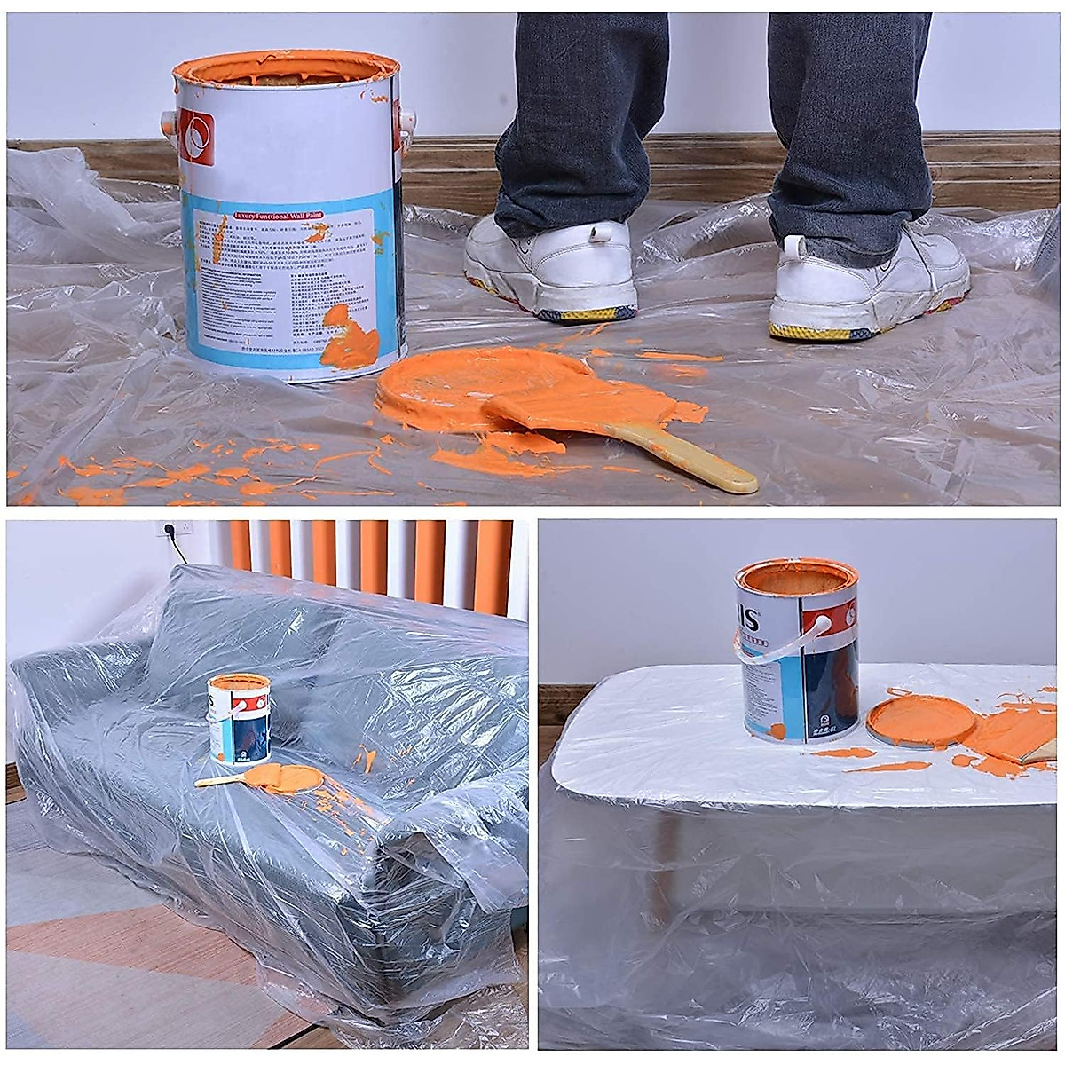 OIYEEFO Clear Plastic Sheeting Drop Cloths for Painting, 5 Pcs 9x12ft Plastic Tarp Waterproof Dustproof Almost Tear Resistance Multi-Purpose Furniture Cover Floor Wall Protection Film