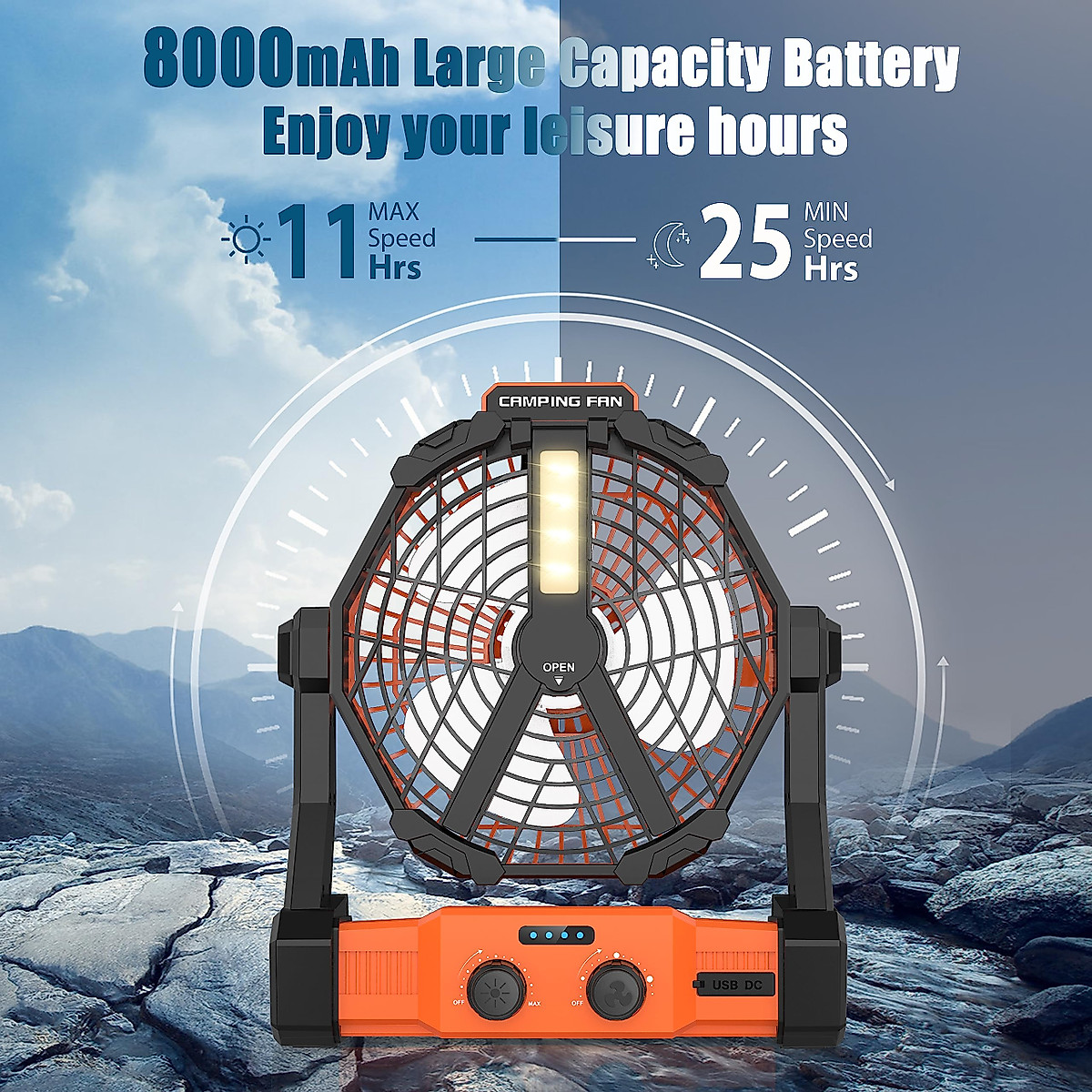 trekkinglamb 8000mAh 3 Speed Battery Powered Fan with Hook Handle, Personal Fan Camping Fan for Tent Camping Hiking Power Outage, Rechargeable Fan Camping with Reading Lamp Led Lantern