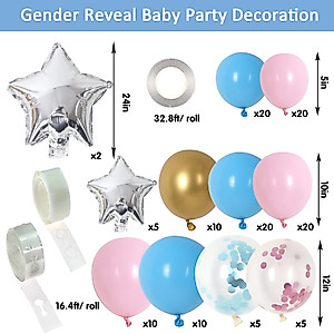 RUBFAC 150pcs Baby Boxes Blue and Pink Balloons Arch, Garland Gender Reveal Decorations Kit, 4pcs Baby Boxes with Letters for Baby Shower Birthday Boy or Girl Baby Party Supplies