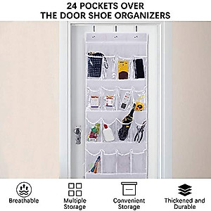 QUMENEY 24 Pockets Over the Door Shoe Organiser, Folding Hanging Organiser Shoe Racks with Hooks, Heavy-Duty Hanging Mesh Shoe Holder for Badroom, Bathroom, Wardrobe