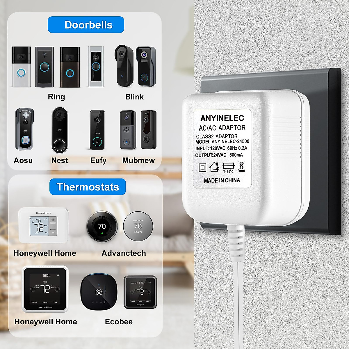 ANYINELEC 24V Doorbell Transformer, C Wire Adapter, for Nest,Sensis,Ecobee, Honeywell WiFi Thermostats, Power Supply for Ring Smart Doorbells Chime, Nest Hello (26.2 Foot White)
