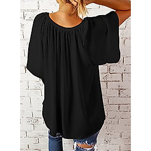 Dokotoo Womens Summer Tops Casual Short Sleeve Shirts V Neck Pleated Tunic Tops Loose Cute Bell Sleeve Chiffon Blouses for Ladies Plus Size,2XL(US 18-20),Black