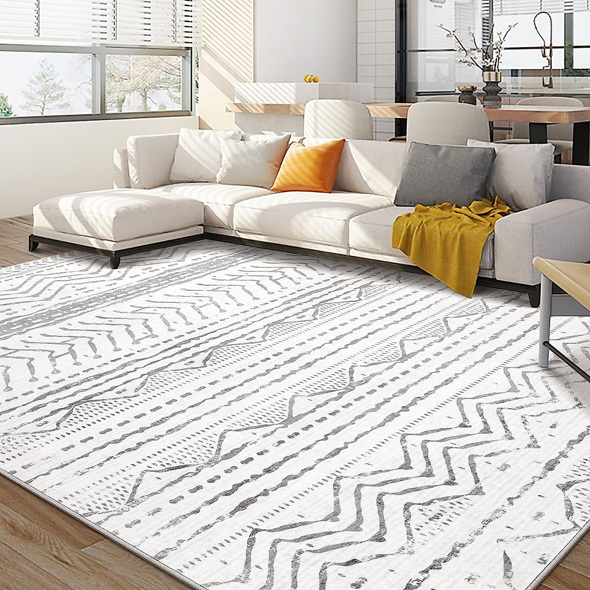 9x12 Area Rug Living Room Rugs: Large Soft Machine Washable Boho Moroccan Farmhouse Neutral Stain Resistant Indoor Floor Rug Carpet for Bedroom Under Dining Table Home Office House Decor - Grey