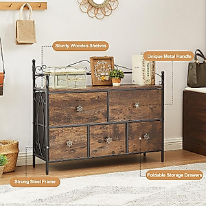 VECELO Dresser for Bedroom, Wide Chest of 5 Drawers, Storage Organizer Unit with Fabric Bins for Closet, Living Room, Hallway,Sturdy Metal Frame,Brown