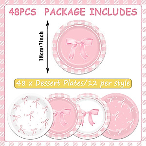 48pcs Pink Bow Party Supplies Bow Birthday Party Plates 7” Pink Bow Party Decor for Girl Bachelorette Bridal Engagement Baby Shower Coquette Cute Tableware Dinnerware Party Favor for 48 Guests