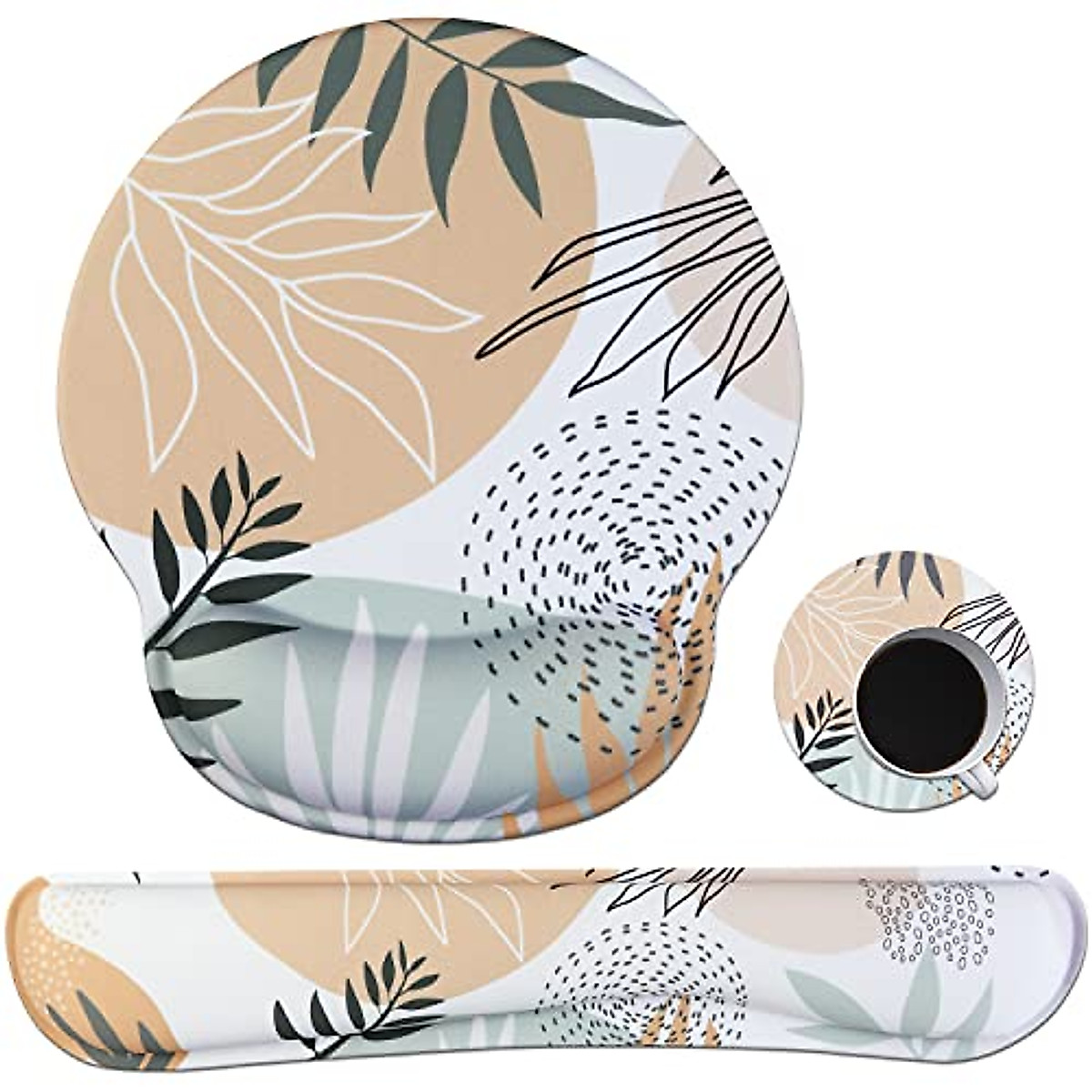iLeadon Mouse Pad Wrist Support Keyboard Wrist Rest Set, Ergonomic Mouse Pad with Non-Slip Base for Computer Home Office + Coasters, Easy Typing & Pain Relief Mouse Mat, Tropical Leaves