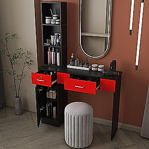JOUUQZ Makeup Vanity Desk Modern Dressing Tables Set 2 with 2 Drawers, 1 Storage Cabinet and 3 Open Storage Shelves, Women Girls Bedroom Makeup Table Without Mirror, Black Red