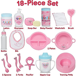 PREXTEX 18-Piece Baby Doll Accessories Set with Carrying Case - Includes Bottle, Sippy Cup, Pacifier, Bib, Hair Brush, Plates and More, Perfect for Kids, Toddlers, and Girls